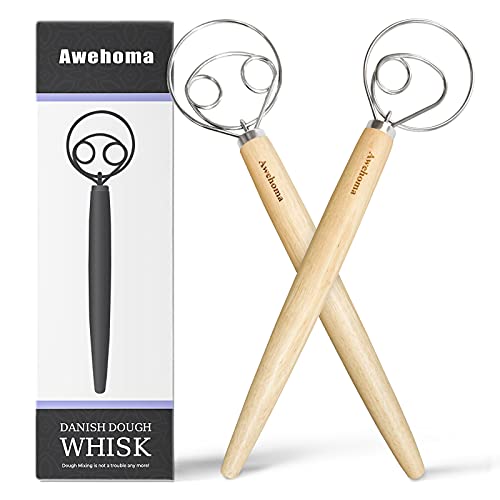 Awehoma Danish Dough Whisk Large Hand Mixer - 2 Pack Large 13” Stainless Steel & Wooden Danish Whisk - Dutch Style Artisan Blender for Bread, Batter, Cake, Pastry, and More - Gift for Bakers