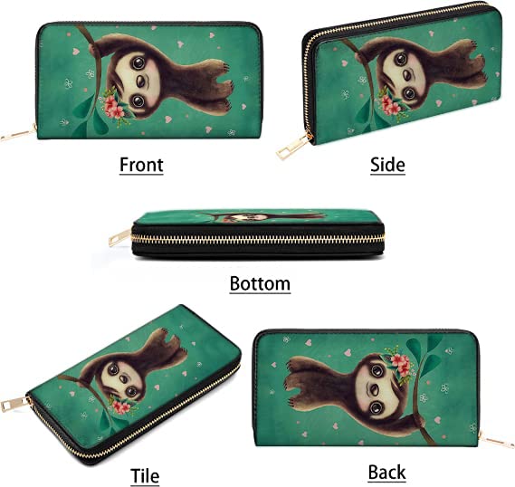 Sloth Printed Women's Long Wallet Zip Around PU Leather Phone Clutch Travel Card Holder Cute Animal Purse