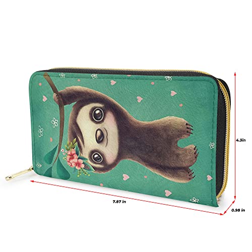 Sloth Printed Women's Long Wallet Zip Around PU Leather Phone Clutch Travel Card Holder Cute Animal Purse