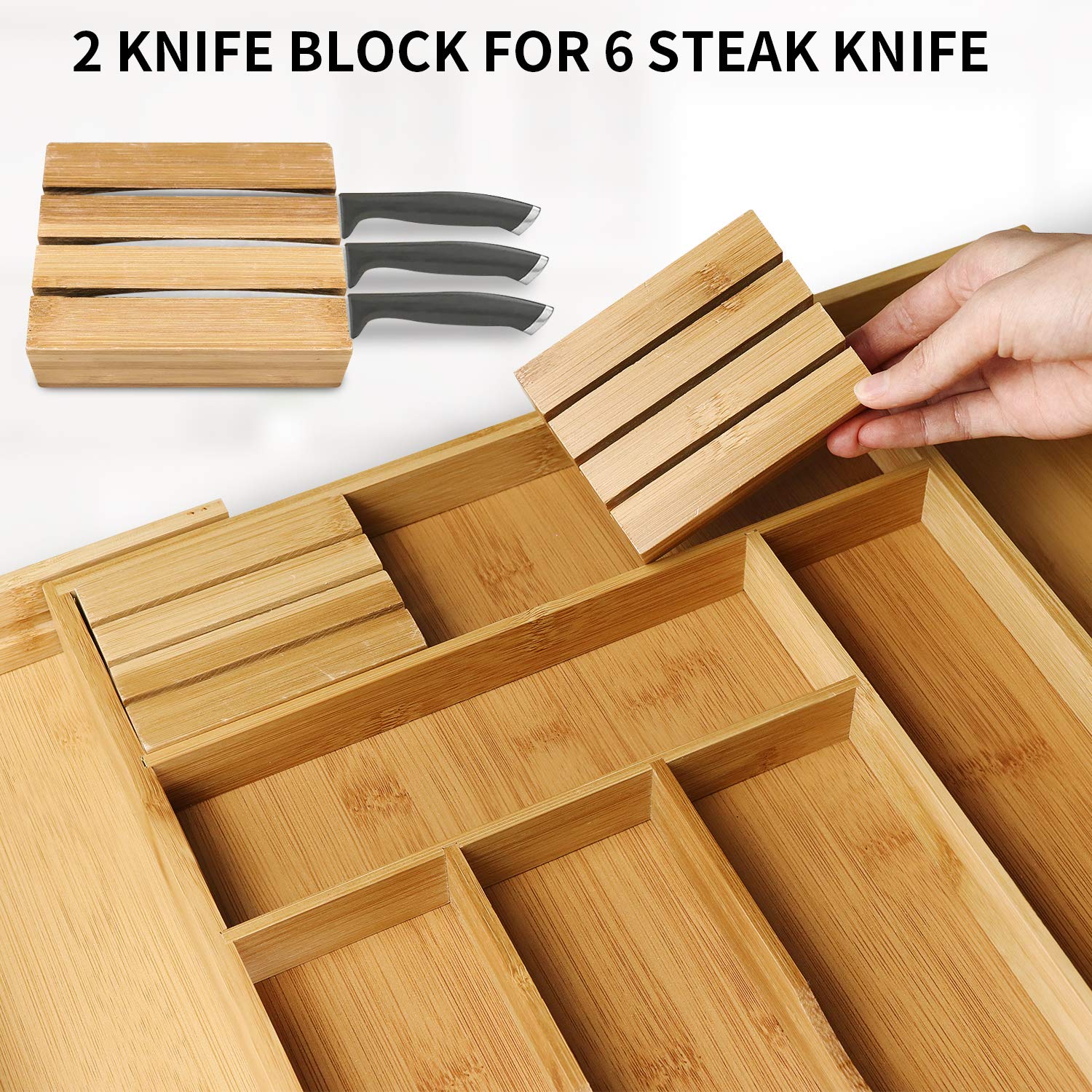 Expandable Silverware Organizer for Utensils Holder, Kitchen Drawer Organizer and Cutlery Tray with 2 Removable Knife Block,13-20inch