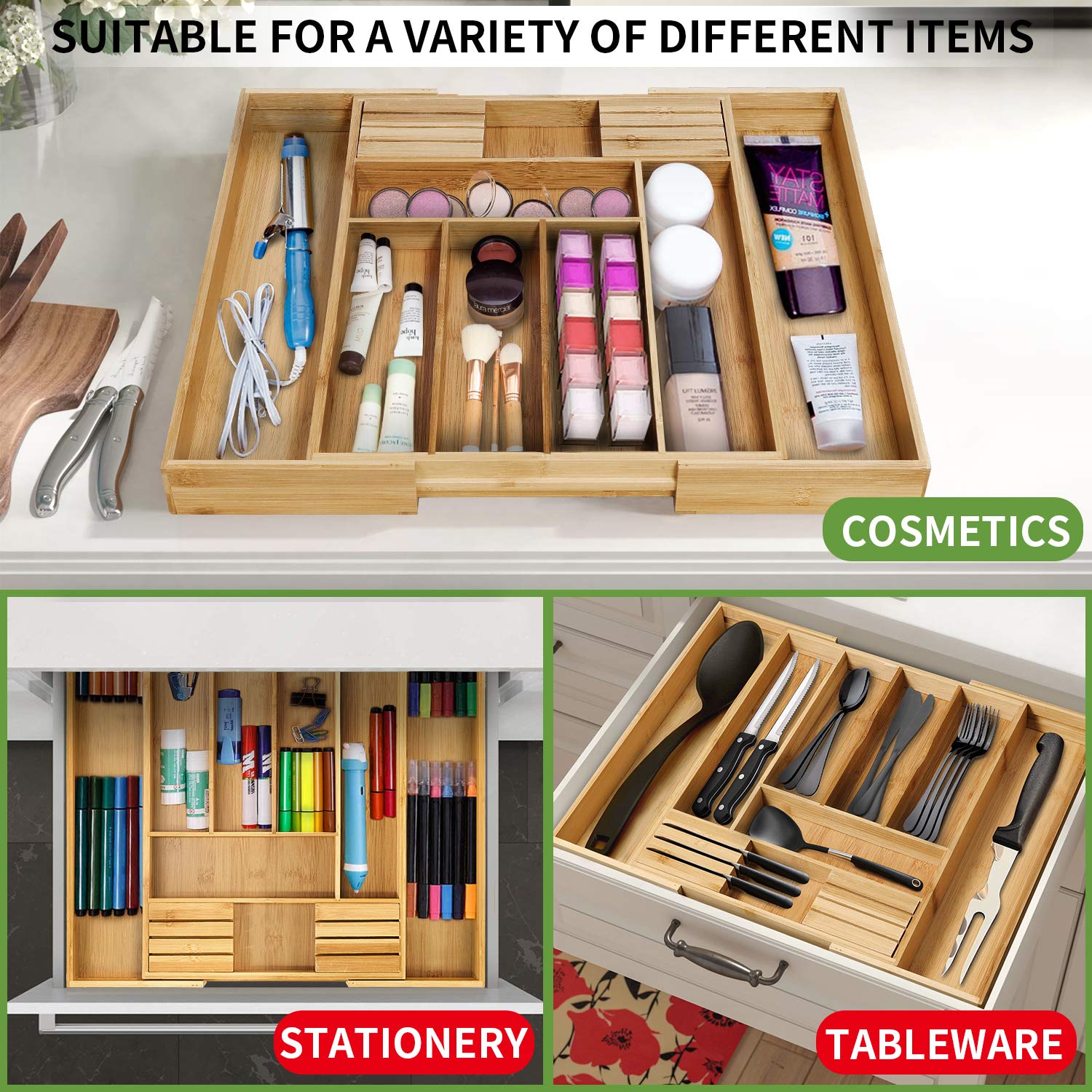 Expandable Silverware Organizer for Utensils Holder, Kitchen Drawer Organizer and Cutlery Tray with 2 Removable Knife Block,13-20inch