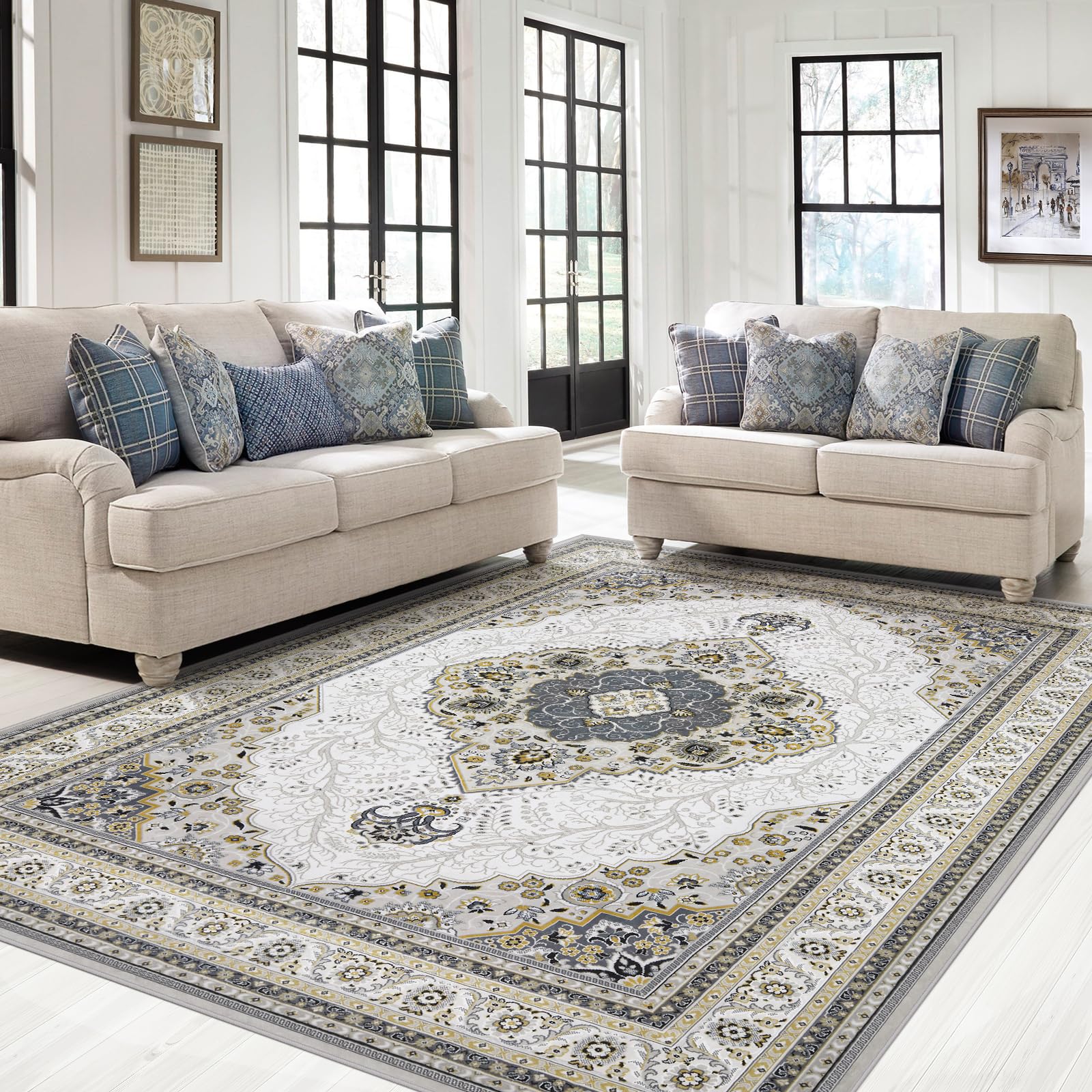 Aelenmu Washable Rugs for Living Room: 9x12 Area Low Pile Soft Rug with Non-Slip Backing Non-Shedding, Medallion Floor Carpet Bedroom Dining Room Nursery Home Office-Beige