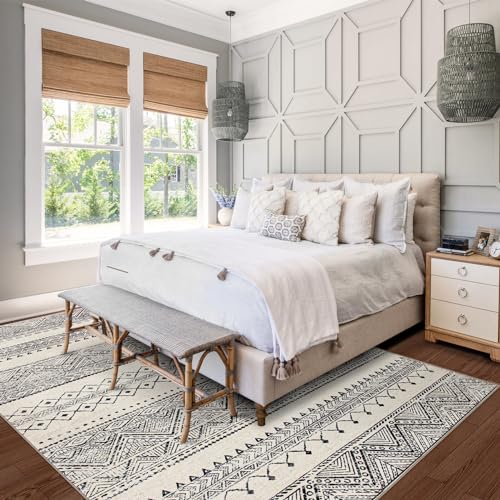 Area Rugs 9x12 Living Room: Large Machine Washable Rug with Non-Slip Backing Non Shedding Stain Resistant, Soft Geometric Moroccan Carpet for Dining Room Bedroom Nursery Home Office-Deep Gray/Cream