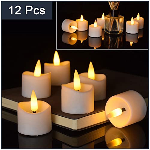 Actpe Timer Tealight Candles with Flickering Flame, 12pcs Realistic Bright Unscented Small LED Electric Fake Battery Operated Candle for Seasonal & Festival Celebration, Warm White