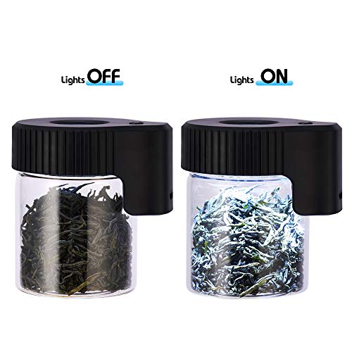 GORDON Magnifying Viewing Jar With LED Light, Transparent Light-Up Glass Storage Stash Jar With Mag Lid, Airtight, Smell Proof (Black)