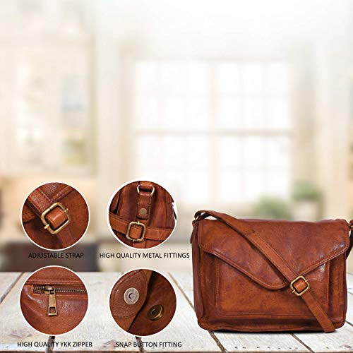 Genuine Leather Classic Flapover Crossbody Purse for Women Small Cute Tote/Bag (Tan Wash)
