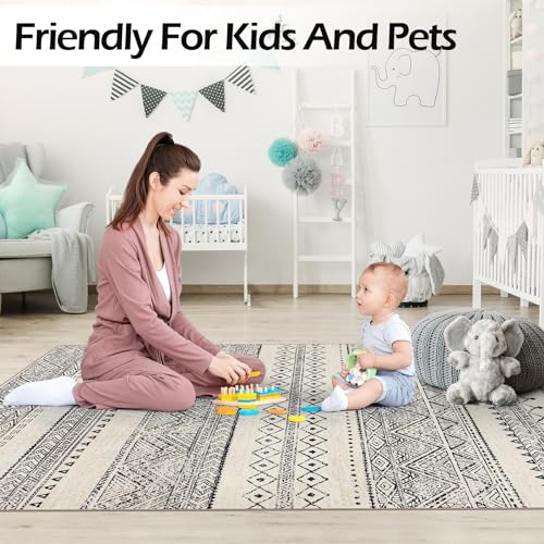 Area Rugs 9x12 Living Room: Large Machine Washable Rug with Non-Slip Backing Non Shedding Stain Resistant, Soft Geometric Moroccan Carpet for Dining Room Bedroom Nursery Home Office-Deep Gray/Cream