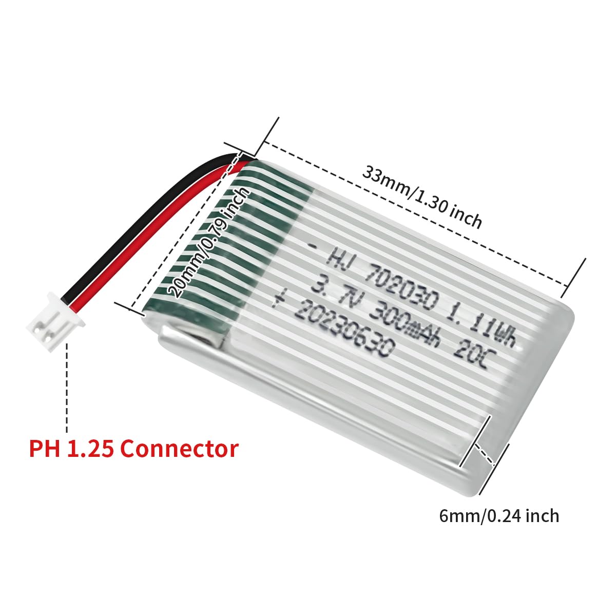 HAWK'S WORK 2 Pcs 3.7V Lipo Battery, 300 mAh Rechargeable Lithium Polymer Battery for RC Plane Helicopter Drone All Models & Toys (PH1.25 Connector)