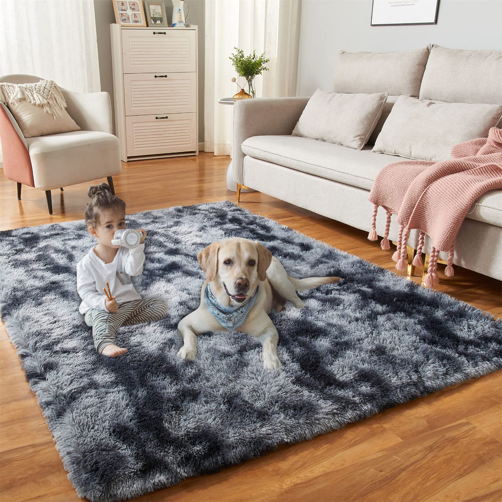 YQQRIGRO 9x12 Ft Rugs for Bedroom, Tie-Dyed Dark Grey Super Soft Shaggy Fluffy Carpets, Indoor Modern Plush Area Rugs for Living Room Dorm Kids Room, Fuzzy Non-Slip Rugs for Boys Girls