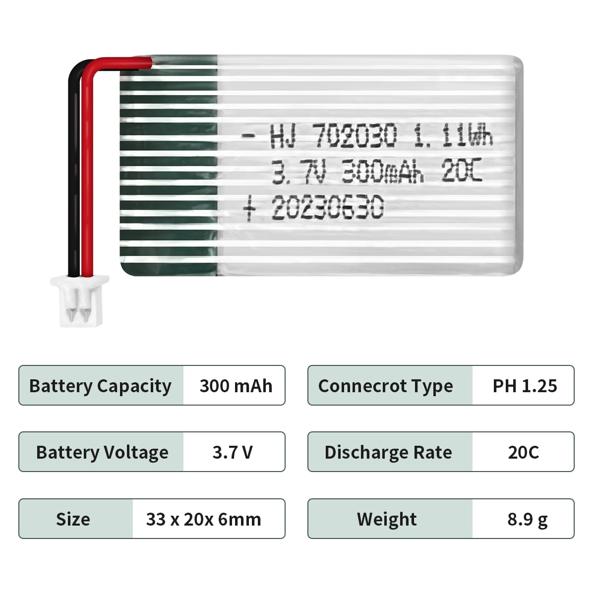HAWK'S WORK 2 Pcs 3.7V Lipo Battery, 300 mAh Rechargeable Lithium Polymer Battery for RC Plane Helicopter Drone All Models & Toys (PH1.25 Connector)