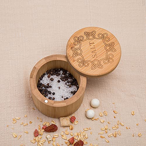 TENSITY Salt Box, Bamboo Storage Box with Magnetic Swivel Lid, Bamboo Seasonings Box with Mini Spoon (Celtic Knot)