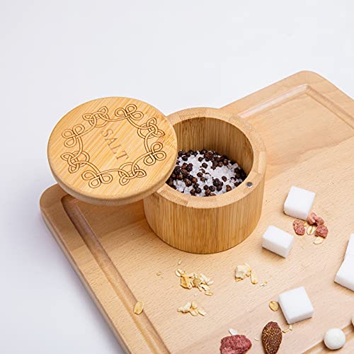 TENSITY Salt Box, Bamboo Storage Box with Magnetic Swivel Lid, Bamboo Seasonings Box with Mini Spoon (Celtic Knot)