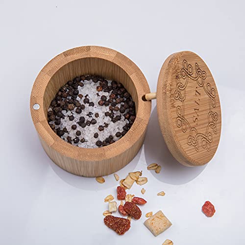 TENSITY Salt Box, Bamboo Storage Box with Magnetic Swivel Lid, Bamboo Seasonings Box with Mini Spoon (Celtic Knot)