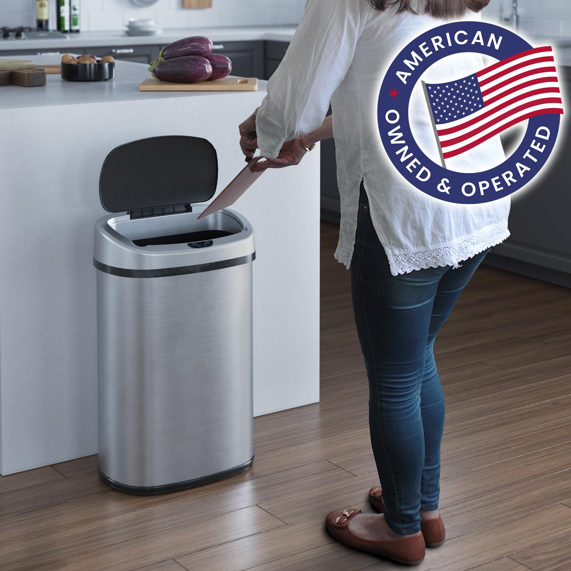 iTouchless 13 Gallon SensorCan Touchless Trash Can with Odor Control System, Stainless Steel, Oval Shape Kitchen Bin
