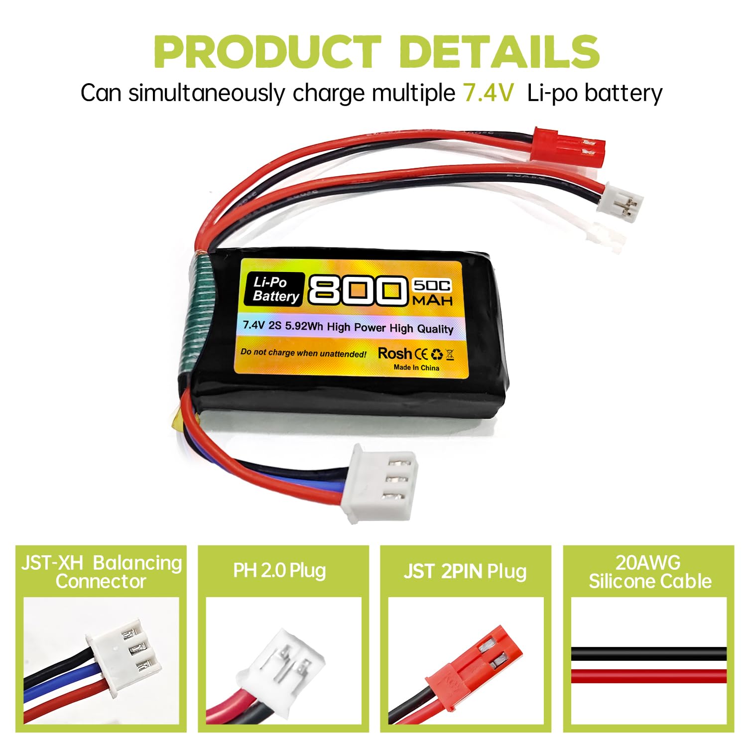 sea jump 7.4V LiPo 2S 50C 800mAh with JST and PH2.0 Plug with USB Charging Cable for SCX24 RC Car Battery, Bompatible with Most 1/10, 1/16, 1/18, 1/24 Scale RC car, Truck and RC Drone Batteries