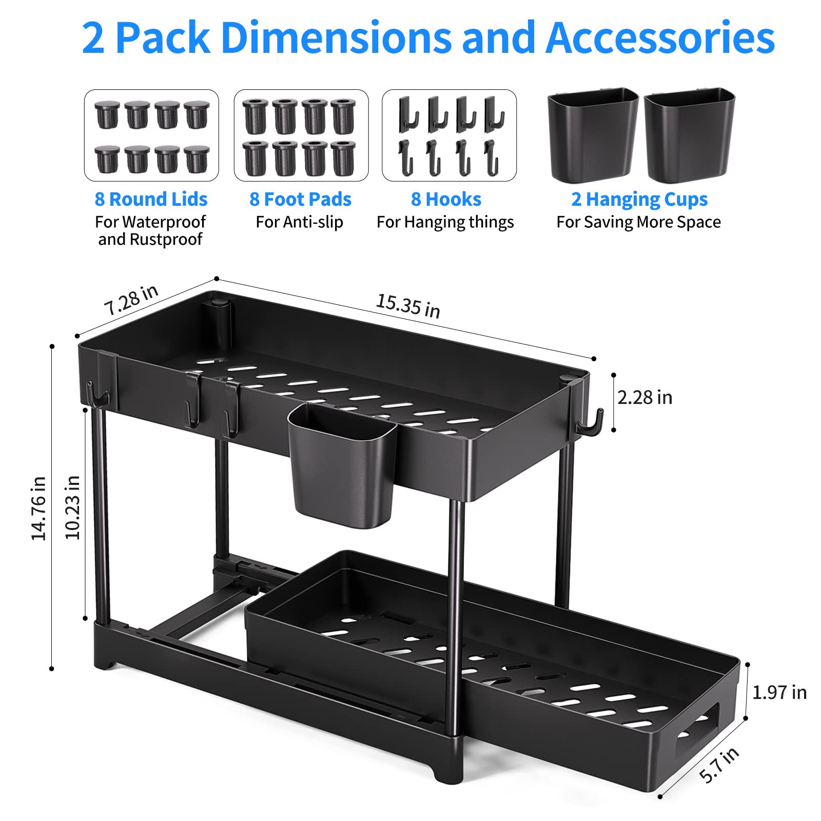 Under Sink Organizers and Storage, 2 Pack Multi-purpose Under Sink Organizer with Sliding Storage Drawer with 8 Hooks and 2 Hanging Cups, 2 Tier Under Sink Storage for Cabinet Bathroom Kitchen, Black