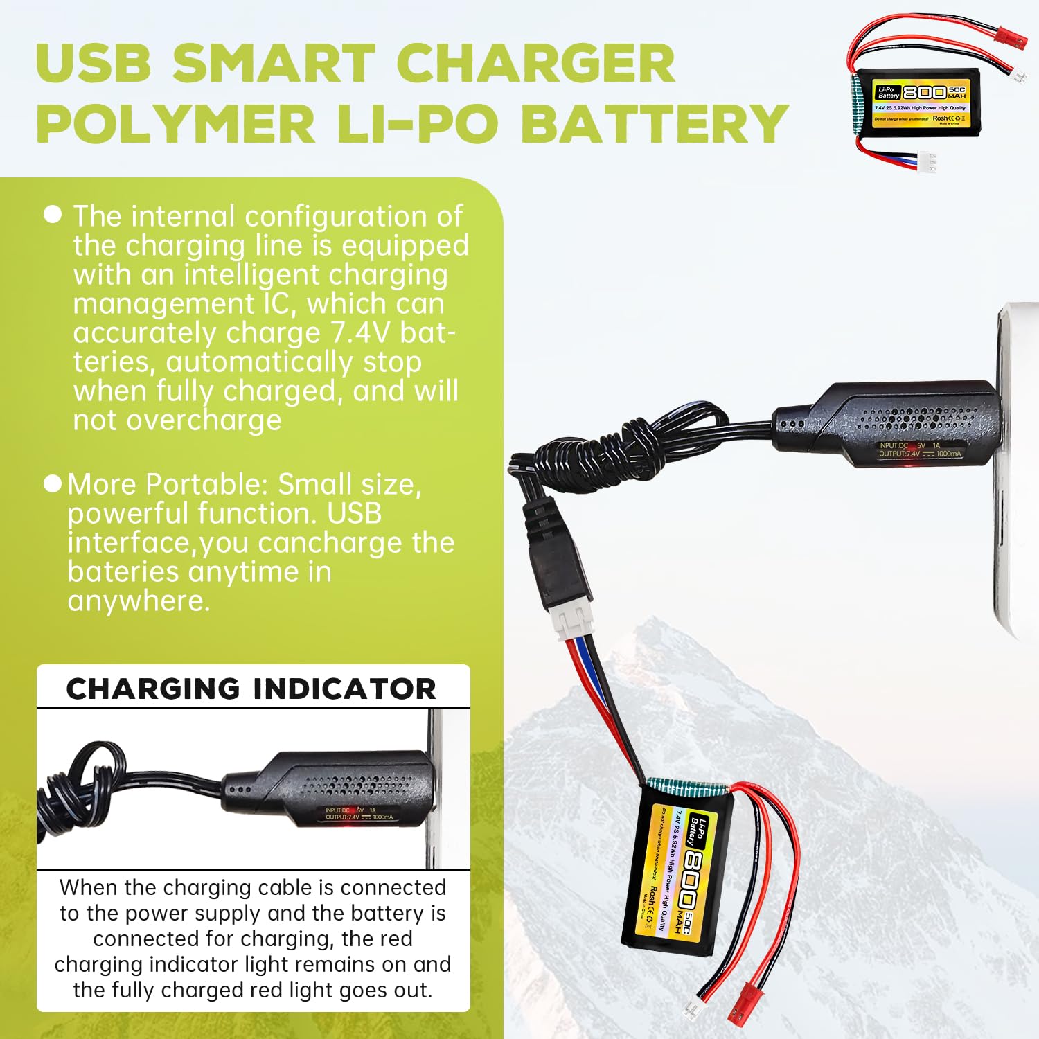 sea jump 7.4V LiPo 2S 50C 800mAh with JST and PH2.0 Plug with USB Charging Cable for SCX24 RC Car Battery, Bompatible with Most 1/10, 1/16, 1/18, 1/24 Scale RC car, Truck and RC Drone Batteries