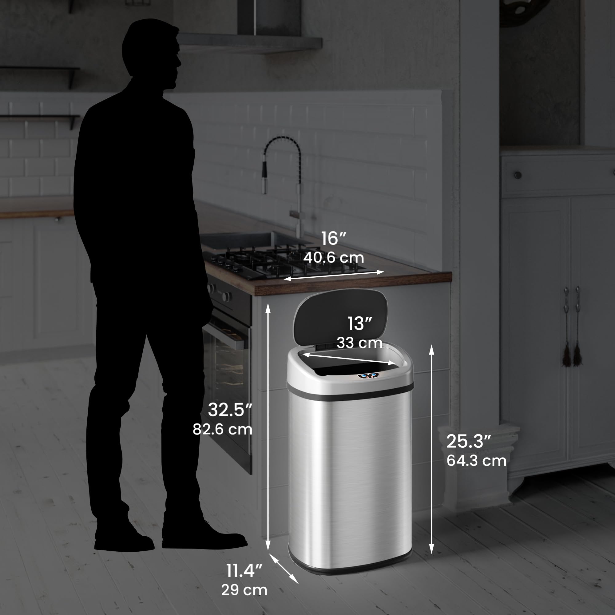 iTouchless 13 Gallon SensorCan Touchless Trash Can with Odor Control System, Stainless Steel, Oval Shape Kitchen Bin