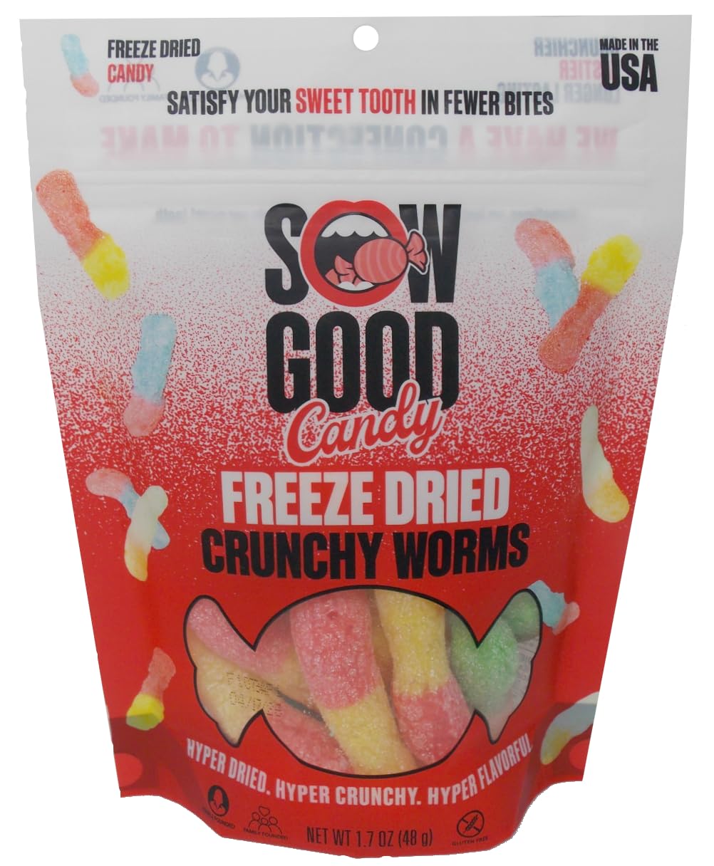 Sow Good Freeze Dried Candy 4 Flavor Variety - (1) Each: Crunchy Worms, Crunchy Bears, Cookie Dough Bombs, Lil' Mints (1.3-1.9 Ounces) Plus Recipe Booklet Bundle