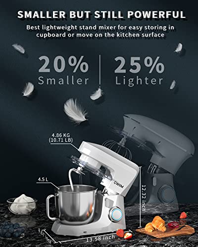 Stand Mixer, CWIIM 10+P Speed 5 QT Food Mixer with Dough Hook Whisk Beater Splash Guard Mixing Bowl, Tilt-Head Kitchen Electric Mixer for Baking Egg Bread Cakes Cookie Pizza Salad (White)
