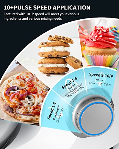 Stand Mixer, CWIIM 10+P Speed 5 QT Food Mixer with Dough Hook Whisk Beater Splash Guard Mixing Bowl, Tilt-Head Kitchen Electric Mixer for Baking Egg Bread Cakes Cookie Pizza Salad (White)