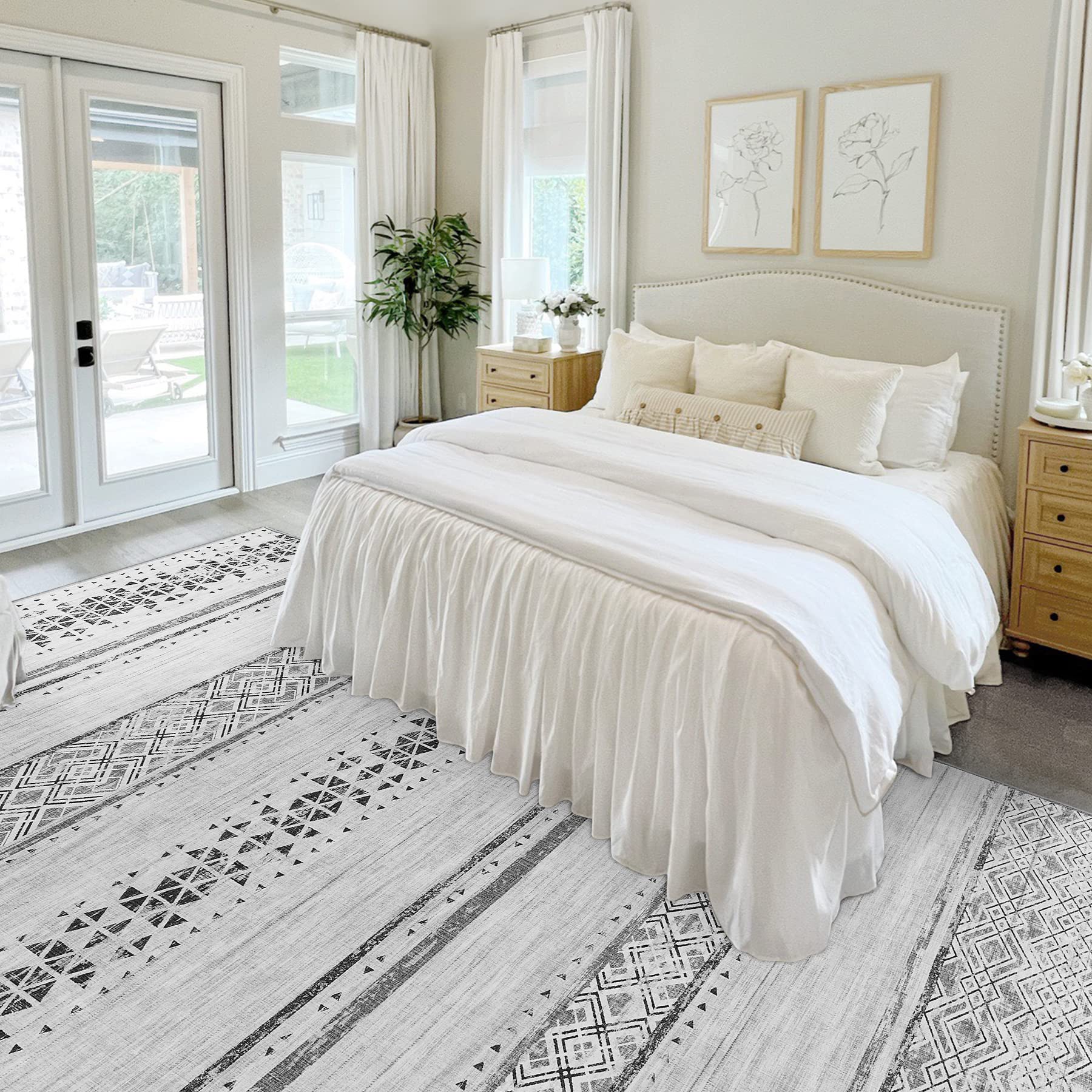 Area Rugs 9x12 Living Room: Large Machine Washable Rug with Non-Slip Backing Stain Resistant Soft Geometric Moroccan Carpet for Bedroom Dining Nursery Room Home Office - Gray/Ivory