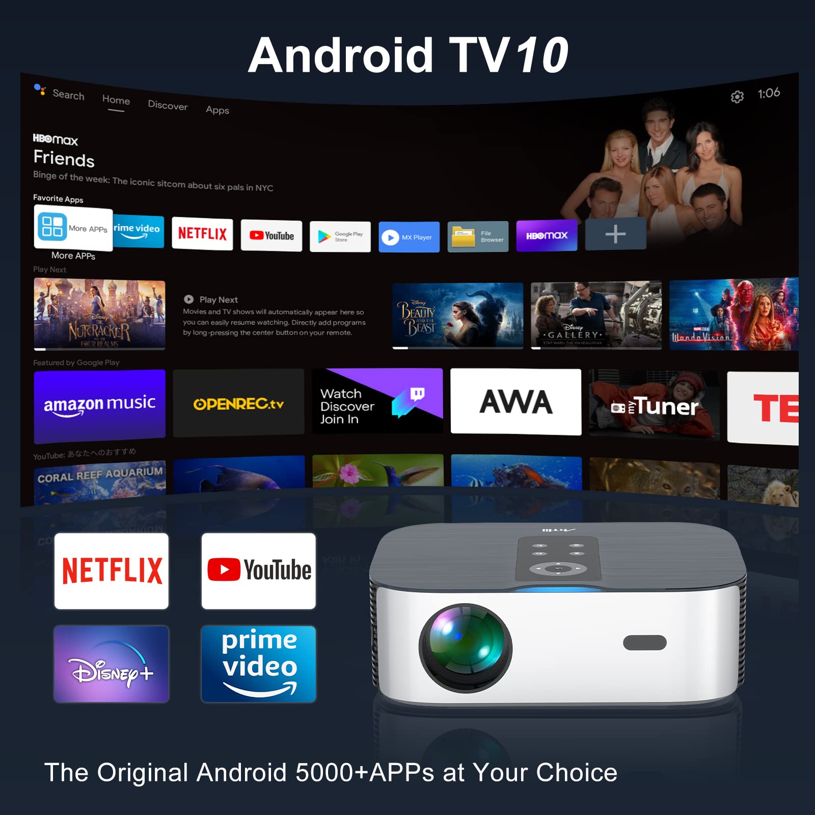 Smart Projector Integrate with Android TV 10, Artlii Play4 AutoFocus 5G WiFi Bluetooth Projector 4k Supported, Auto Keystone, FHD 1080P Outdoor Movie Projector Compatible W/iOS, Android