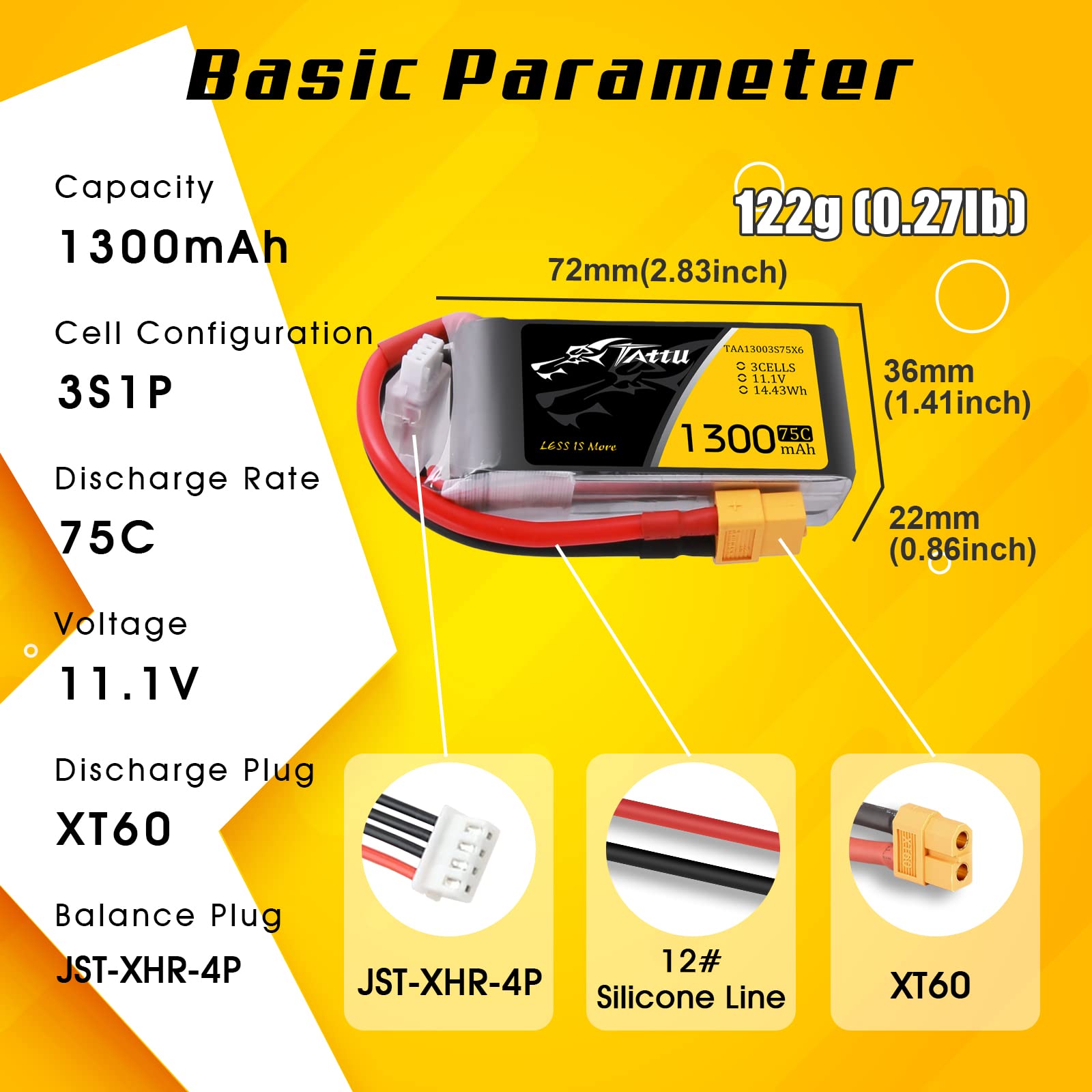 Tattu 11.1V 1300mAh 75C 3S LiPo Battery Pack with XT60 Plug for RC Boat Heli Airplane UAV Drone FPV Nemesis 240 Mini Skylark M4-FPV 250 Mini Shredder 200 INDY250 Plus Mojo 280 HOVERSHIP MHQ2