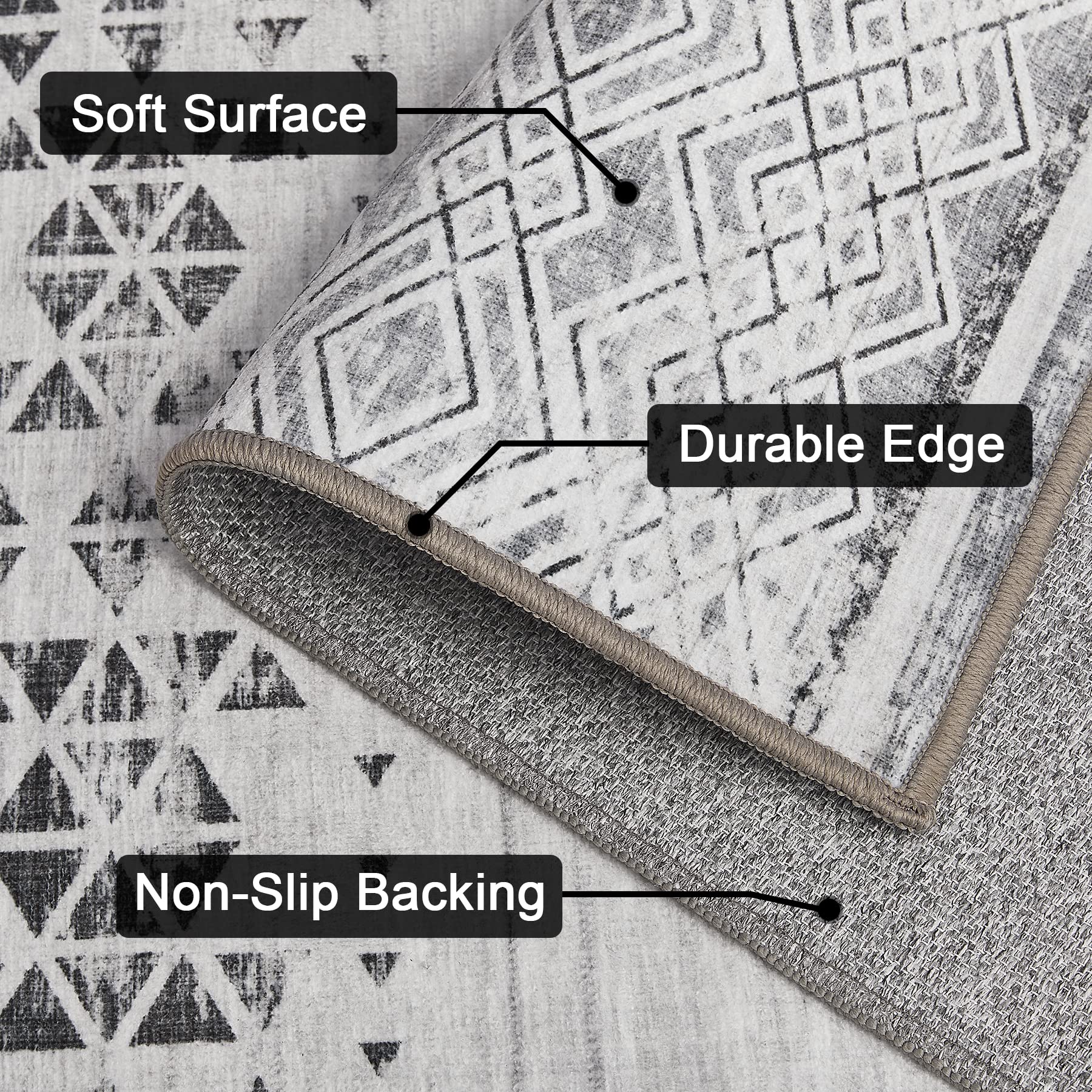 Area Rugs 9x12 Living Room: Large Machine Washable Rug with Non-Slip Backing Stain Resistant Soft Geometric Moroccan Carpet for Bedroom Dining Nursery Room Home Office - Gray/Ivory