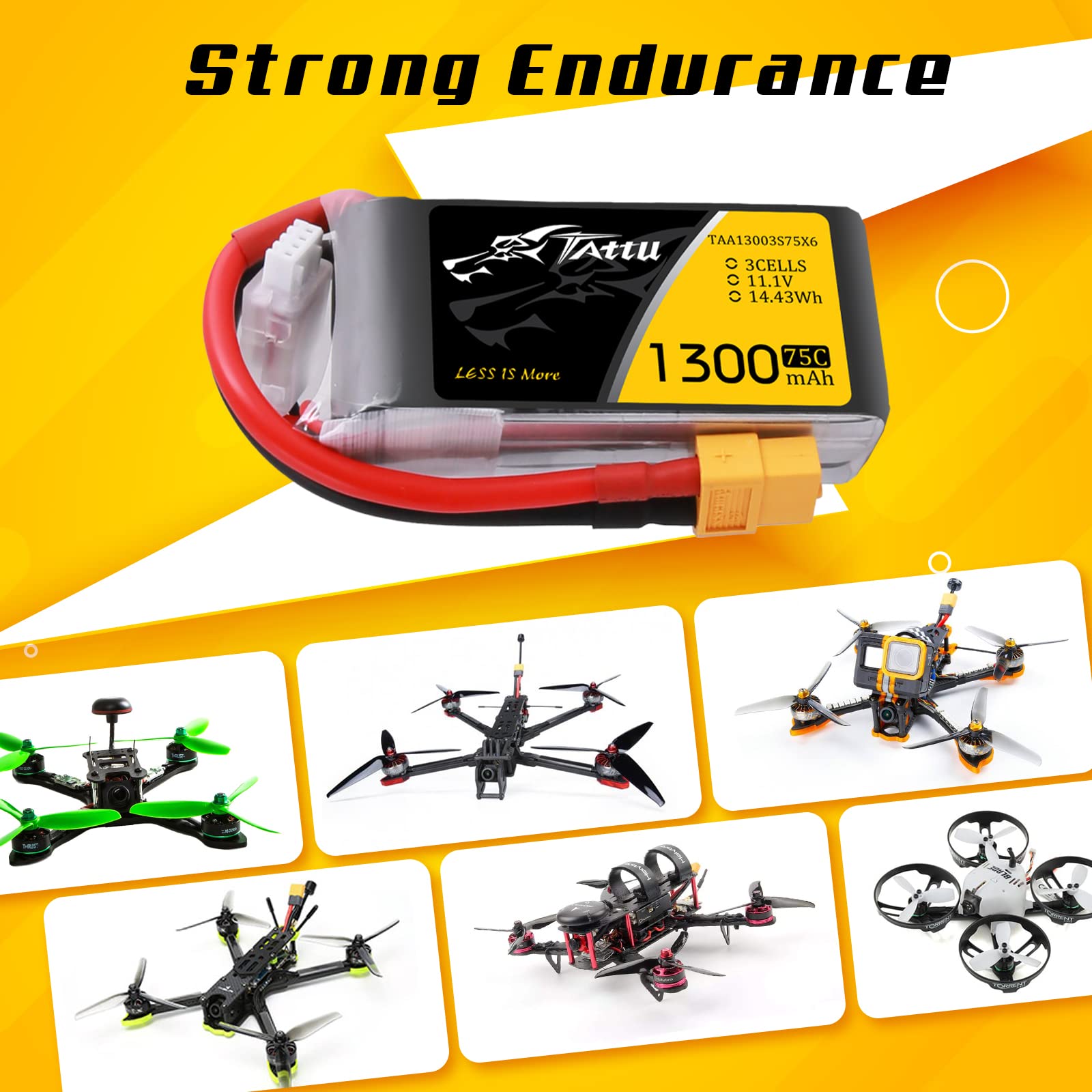 Tattu 11.1V 1300mAh 75C 3S LiPo Battery Pack with XT60 Plug for RC Boat Heli Airplane UAV Drone FPV Nemesis 240 Mini Skylark M4-FPV 250 Mini Shredder 200 INDY250 Plus Mojo 280 HOVERSHIP MHQ2
