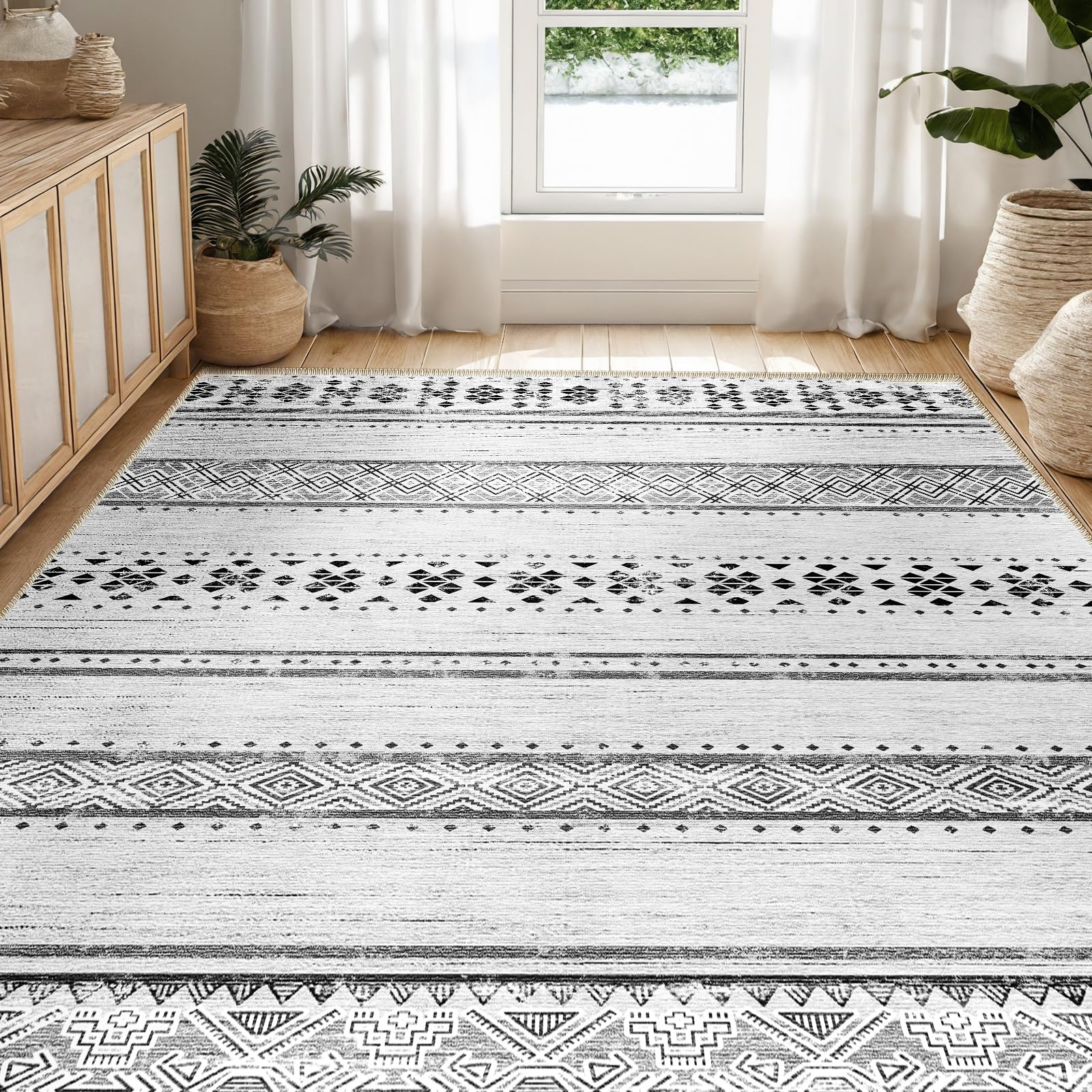 BESTSWEETIE 8x10 Area Rugs for Living Room Washable Moroccan Farmhouse Neutral Geometric Low Pile Non-Slip Soft Print Pattern Rug for Bedroom Kitchen Dining Room Entryway Grey/Black/Navy