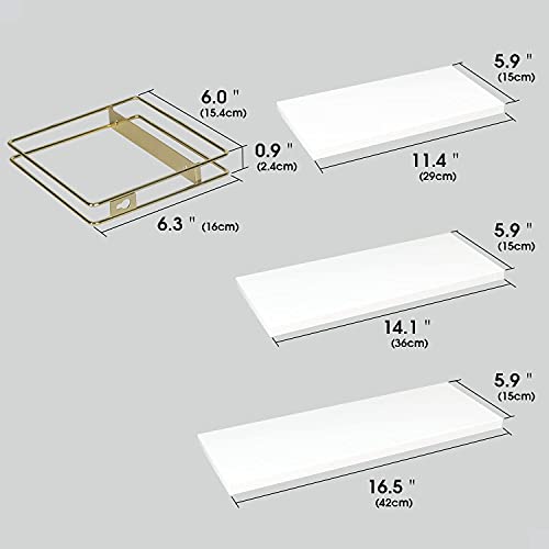 J JACKCUBE DESIGN White Wood Floating Shelves, Set of 3 Wall Mounted Hanging Shelves with Gold Wire Frames for Bedroom. Living Room, Kitchen, Bathroom and Office - MK696C