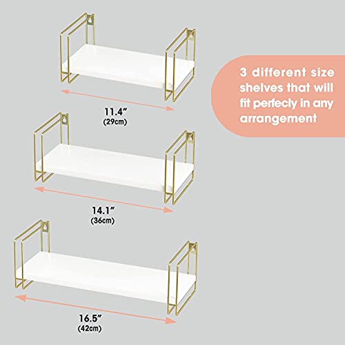 J JACKCUBE DESIGN White Wood Floating Shelves, Set of 3 Wall Mounted Hanging Shelves with Gold Wire Frames for Bedroom. Living Room, Kitchen, Bathroom and Office - MK696C
