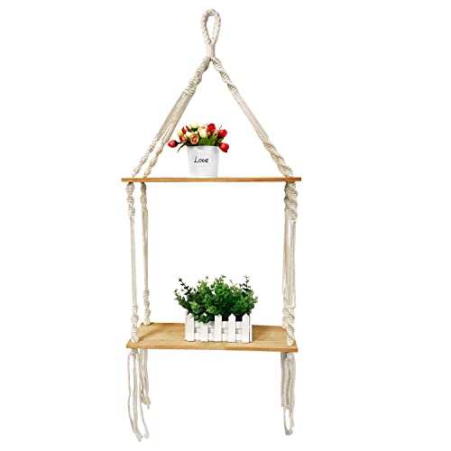 Misscrafts Macrame Hanging Shelves, 2-Tier Floating Shelf Rustic Wall Mounted Shelf Decor for Photo Frames Plants Boho Home Decor