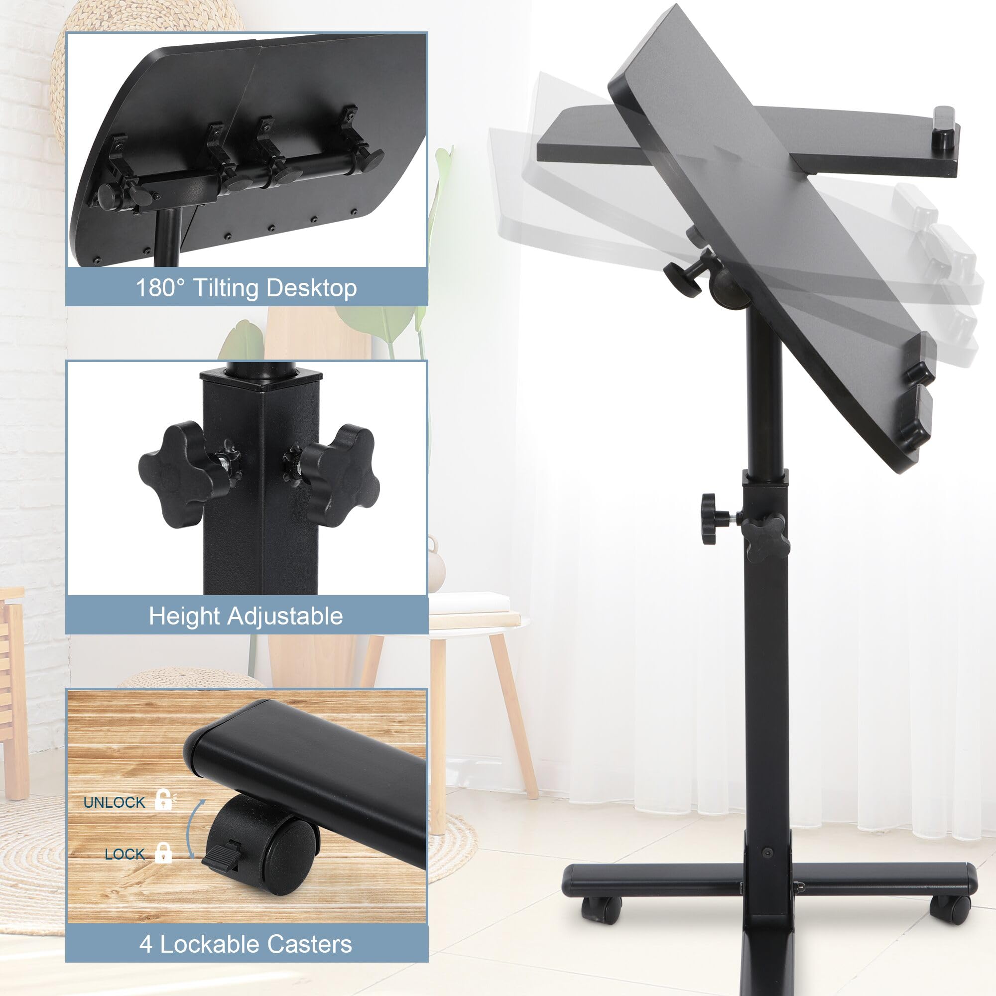 F2C Portable Adjustable Height 360° Swivel Laptop Desk PC Computer Mobile Notebook Laptop Stand Rolling Table Desk Cart Tiltable with Wheels Casters& Mouse Pad Table (360° Swivel Rolling-Black)