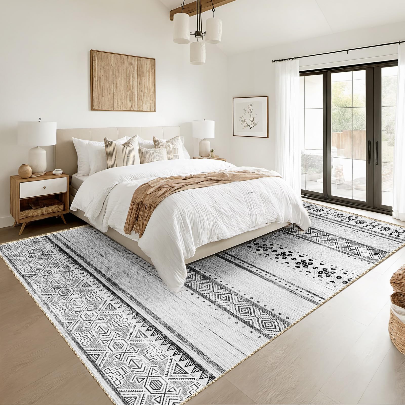 BESTSWEETIE 8x10 Area Rugs for Living Room Washable Moroccan Farmhouse Neutral Geometric Low Pile Non-Slip Soft Print Pattern Rug for Bedroom Kitchen Dining Room Entryway Grey/Black/Navy