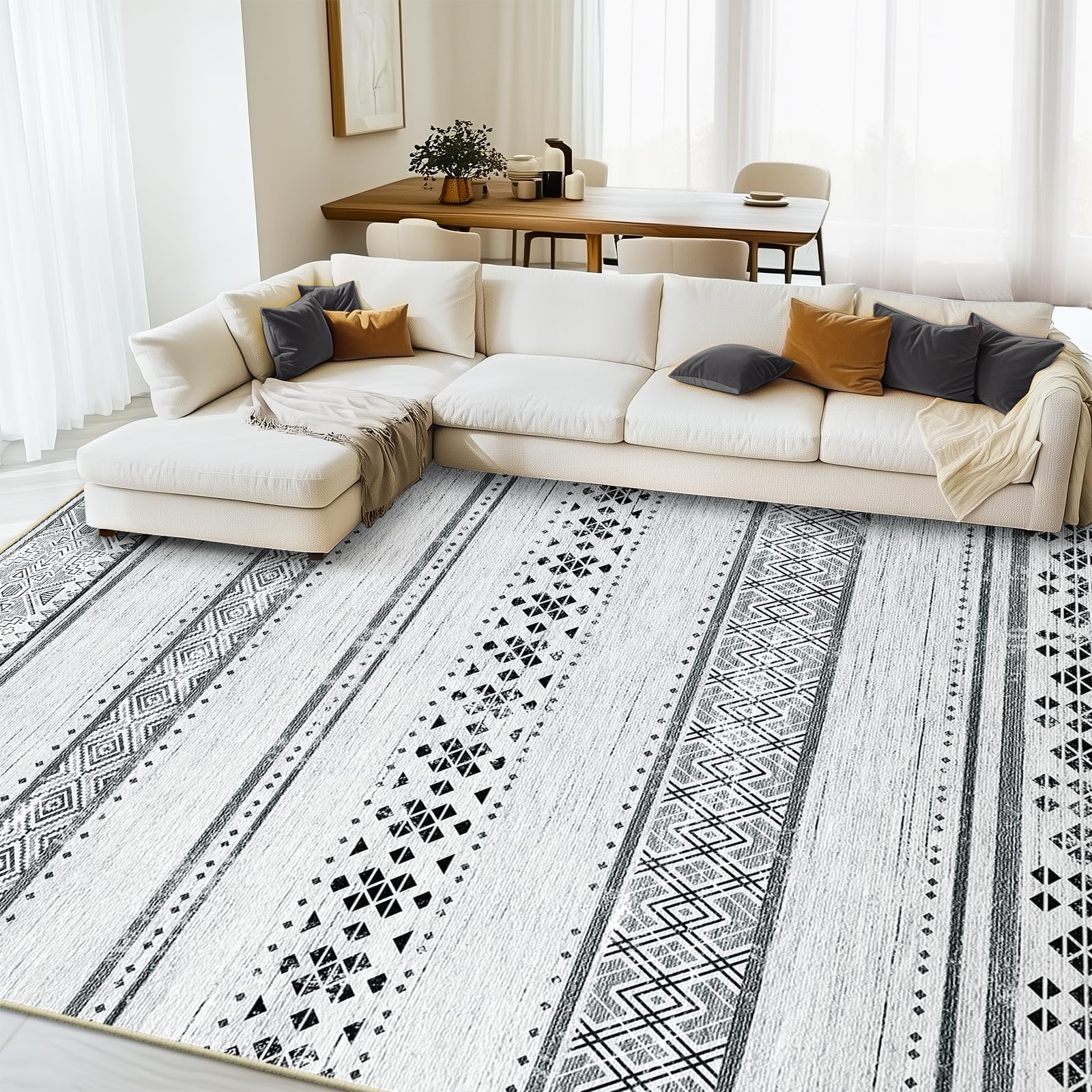BESTSWEETIE 8x10 Area Rugs for Living Room Washable Moroccan Farmhouse Neutral Geometric Low Pile Non-Slip Soft Print Pattern Rug for Bedroom Kitchen Dining Room Entryway Grey/Black/Navy