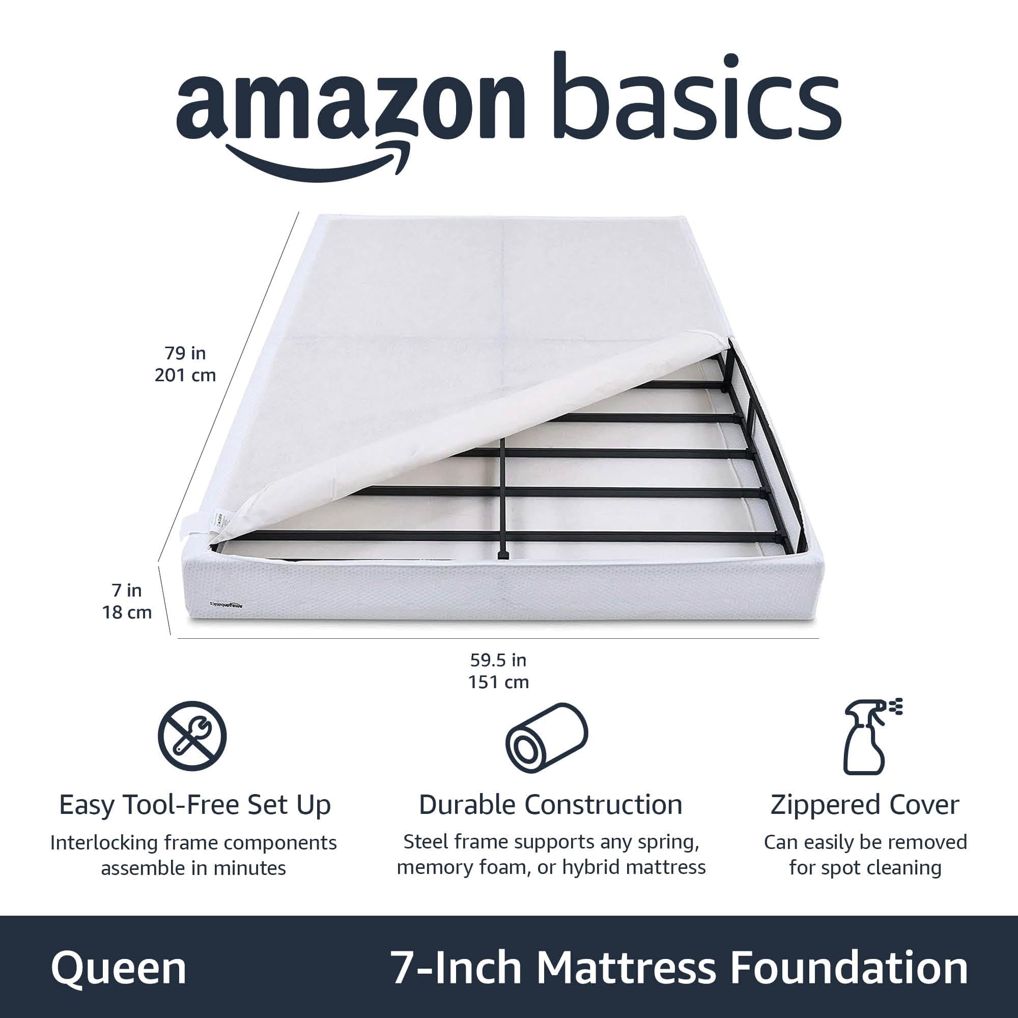 Amazon Basics Smart Box Spring Bed Base, 7-Inch Mattress Foundation - Queen Size, Tool-Free Easy Assembly