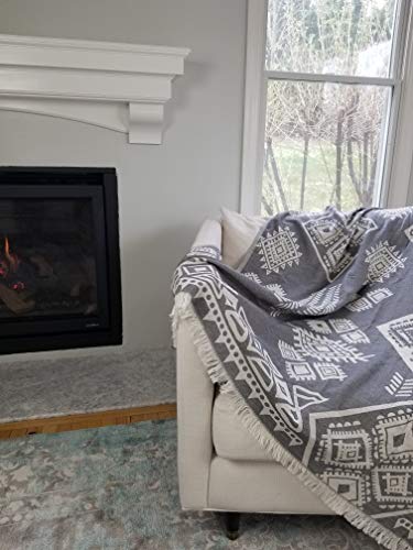 InfuseZen Bohemian Style Turkish Throw Blanket, Tribal Print Lightweight Throw, 100% Cotton Blanket for a Sofa or Partial Bed Cover, Thin Boho Turkish Throw (Charcoal)