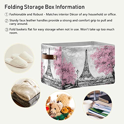 Storage Basket French Paris Eiffel Tower Street Pattern 2 Pc Canvas Large Collapsible Organizer Toy Clothes Storage Bins Boxes Cubes with Handles for Shelf Closet Bedroom Nursery Home Office