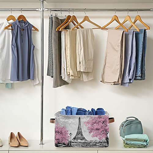 Storage Basket French Paris Eiffel Tower Street Pattern 2 Pc Canvas Large Collapsible Organizer Toy Clothes Storage Bins Boxes Cubes with Handles for Shelf Closet Bedroom Nursery Home Office
