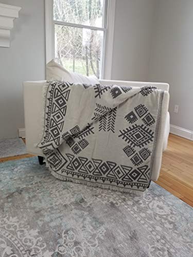 InfuseZen Bohemian Style Turkish Throw Blanket, Tribal Print Lightweight Throw, 100% Cotton Blanket for a Sofa or Partial Bed Cover, Thin Boho Turkish Throw (Charcoal)