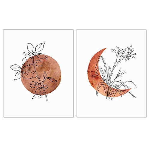 Terracotta Sun and Moon Print, Flower Sun, Minimal Wall Art, Boho Decor, Abstract Moon, Flower Line Print, Sunset Art, Set of 2 Prints - 8x10 inch - No Frame