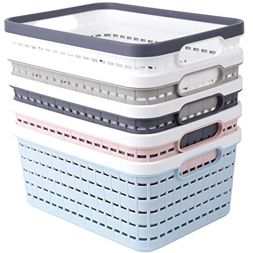 SOUJOY 5 Pack Classroom Storage Basket with Handles, Woven Plastic Organizing Bin, 9.1"L x 6.8''W x 4.5H'' Office Storage Organizer Bin for Pantry, School, Toy, Beauty Products