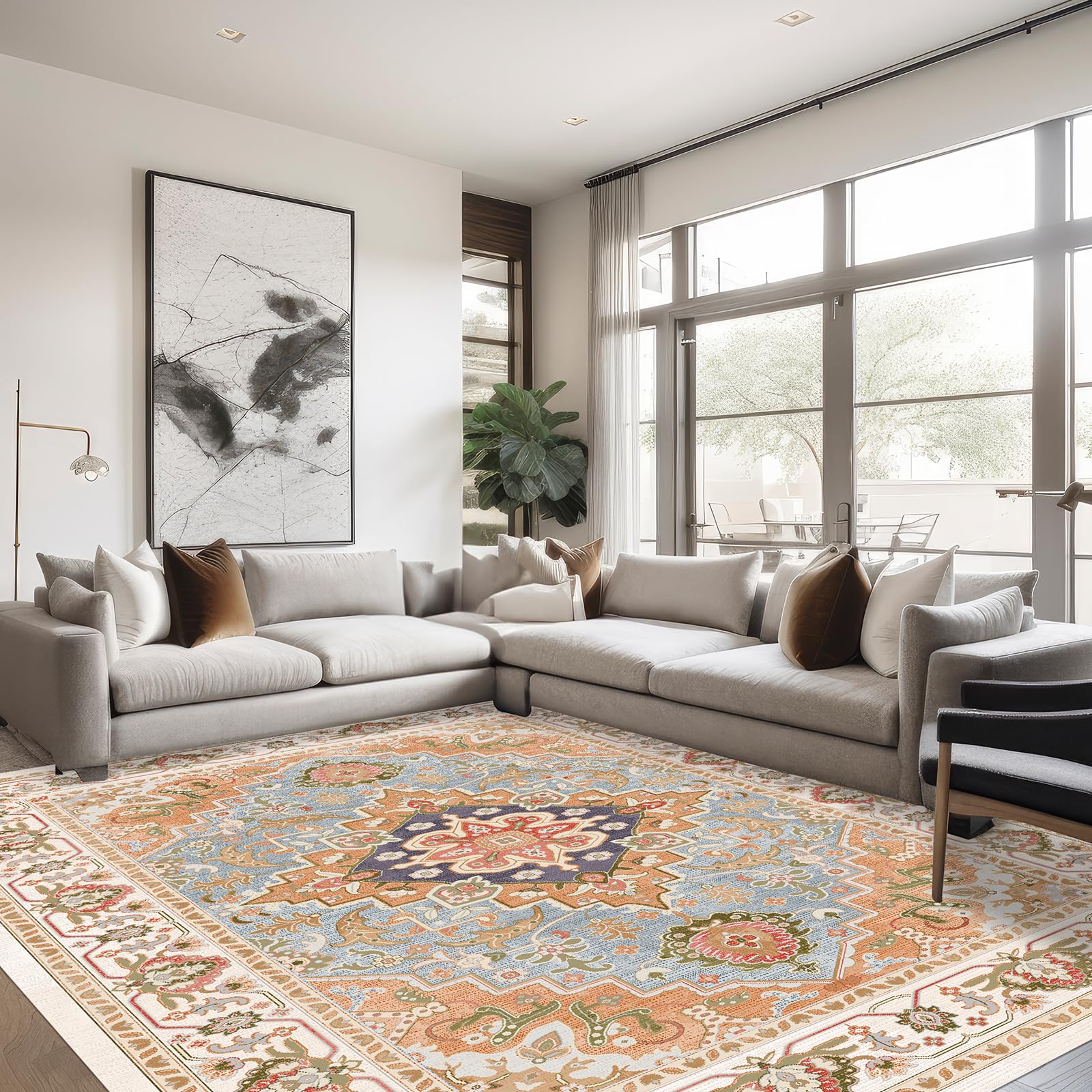 IKALIFE Area Rugs 5x7 Vintage Machine Washable Rug with Non Slip Backing Rug for Living Room Bedroom Kitchen Dining Room, Stain Resistant Indoor Floor Carpet Low-Pile Boho Home Decor Rug, Orange/Blue