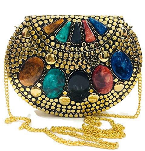 Brass Beaded Ethnic purse Girls Bridal Bag Golden cross body bag for women/Girl party clutch Metal clutches Vintage Brass (Gold Muti Stone)