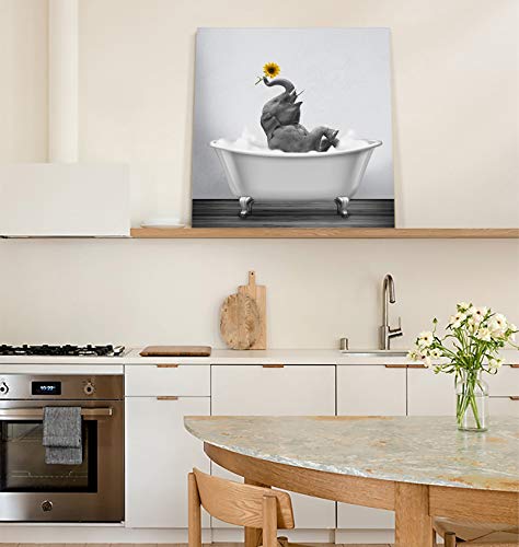 Canvas Wall Art Print Bathroom Wall Art Decor-Happy Elephant with Sunflower in Bathtub Black White Illustration Artwork Canvas Prints Stretched & Framed Ready to Hang Home Decor Wall Decor (12''x12'')