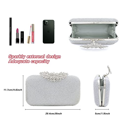 topfive Silver Clutch Purses for Women Evening Bag Rhinestones Clutch Crystal Purse Party Bag with Flora Clasp Wedding Prom