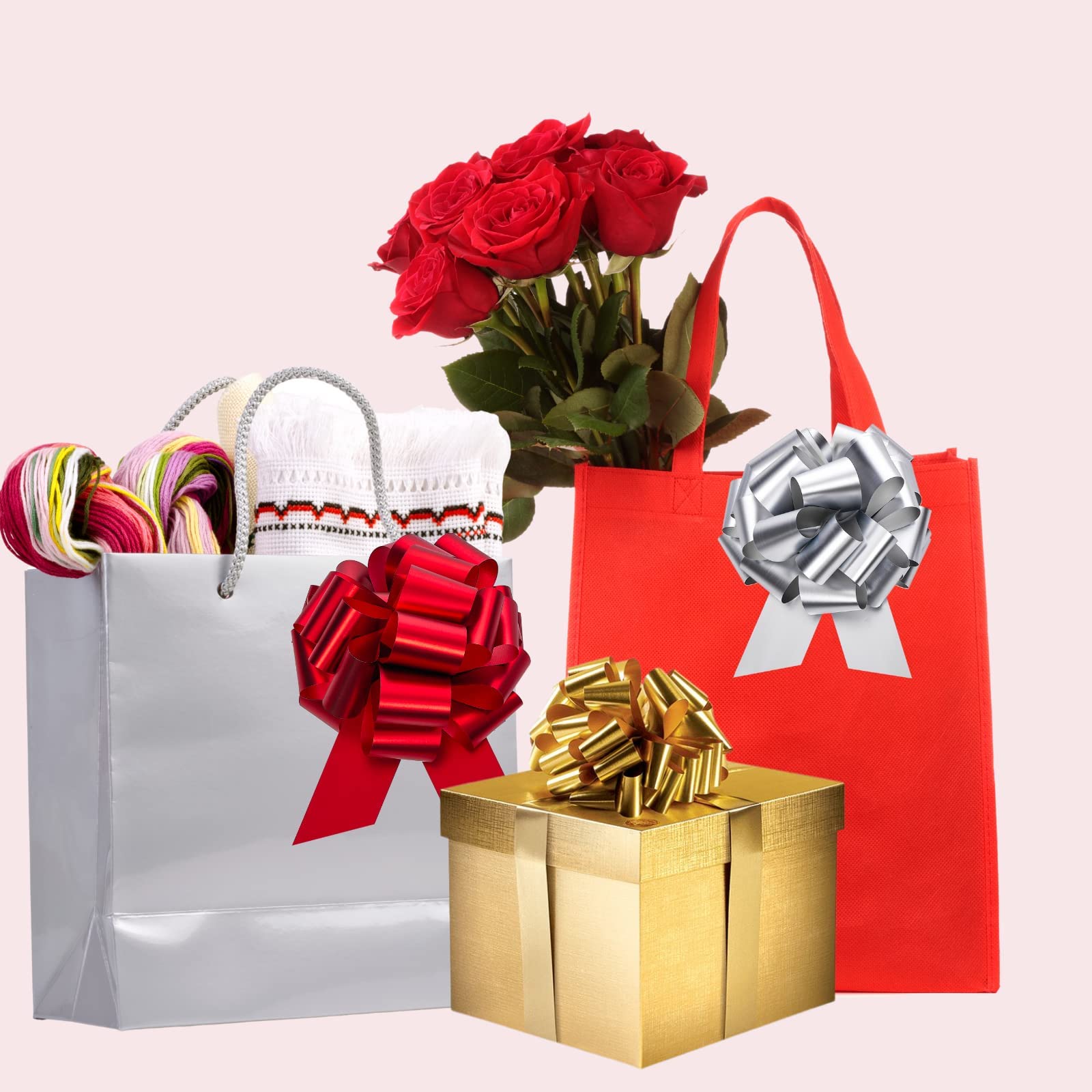 UNIQOOO 48PCS Metallic Rose Gold, Red, Gold, Silver Gift Wrap Pull Bow Set, 6 Inch Large 4'' Medium, Assorted Ribbon for Gift Basket Box Bag Wrapping Décor Valentines Day Wedding Birthday Anniversary