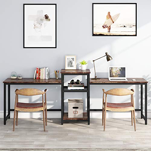 Tribesigns 96.9" Double Computer Desk with Printer Shelf, Extra Long Two Person Desk Workstation with Storage Shelves, Large Office Desk Study Writing Table for Home Office, Dark Brown